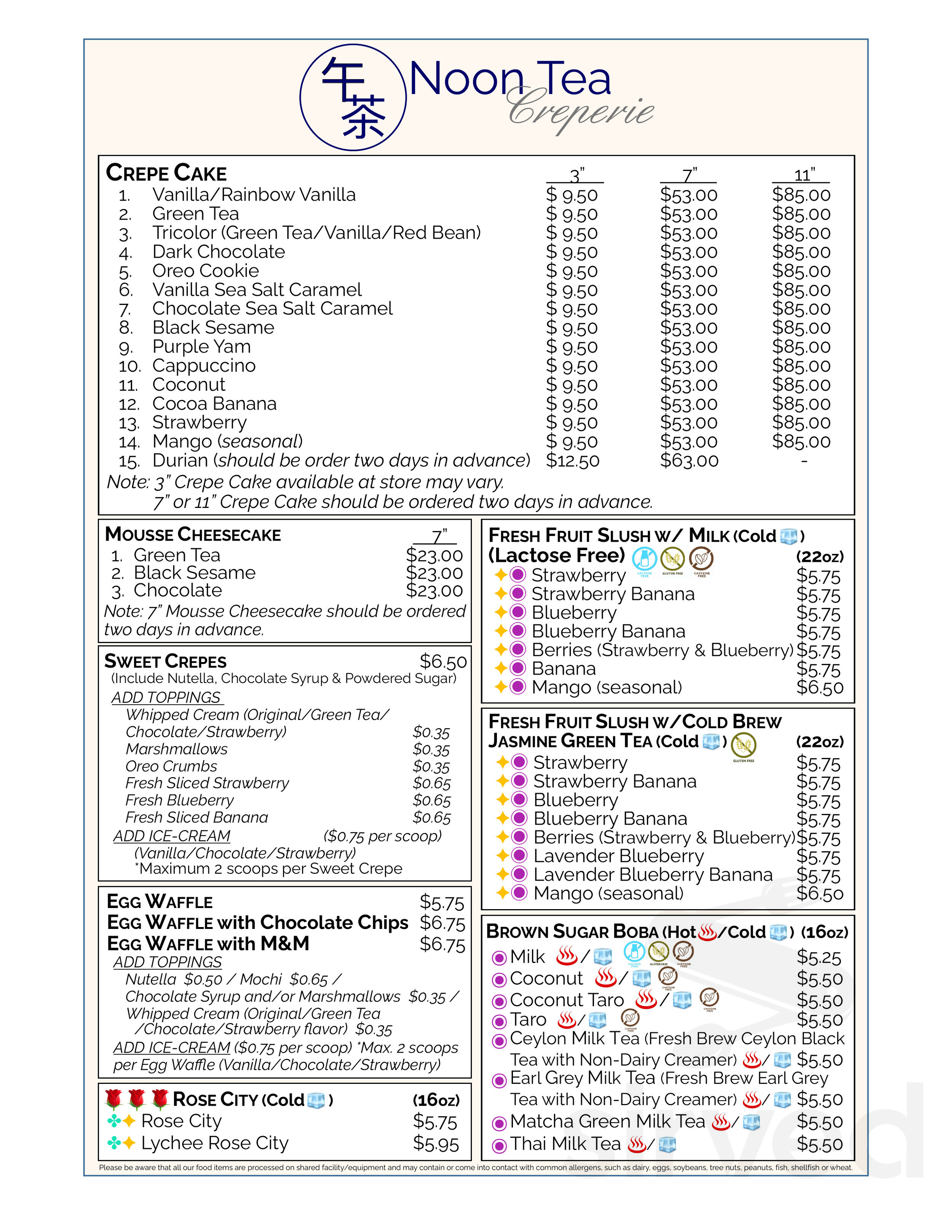 Noon Tea Creperie menu in Madison, New Jersey, USA