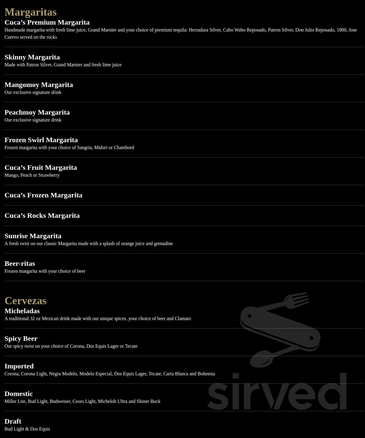 Mama Cuca's Mexican Cuisine menu in Mansfield, Texas, USA