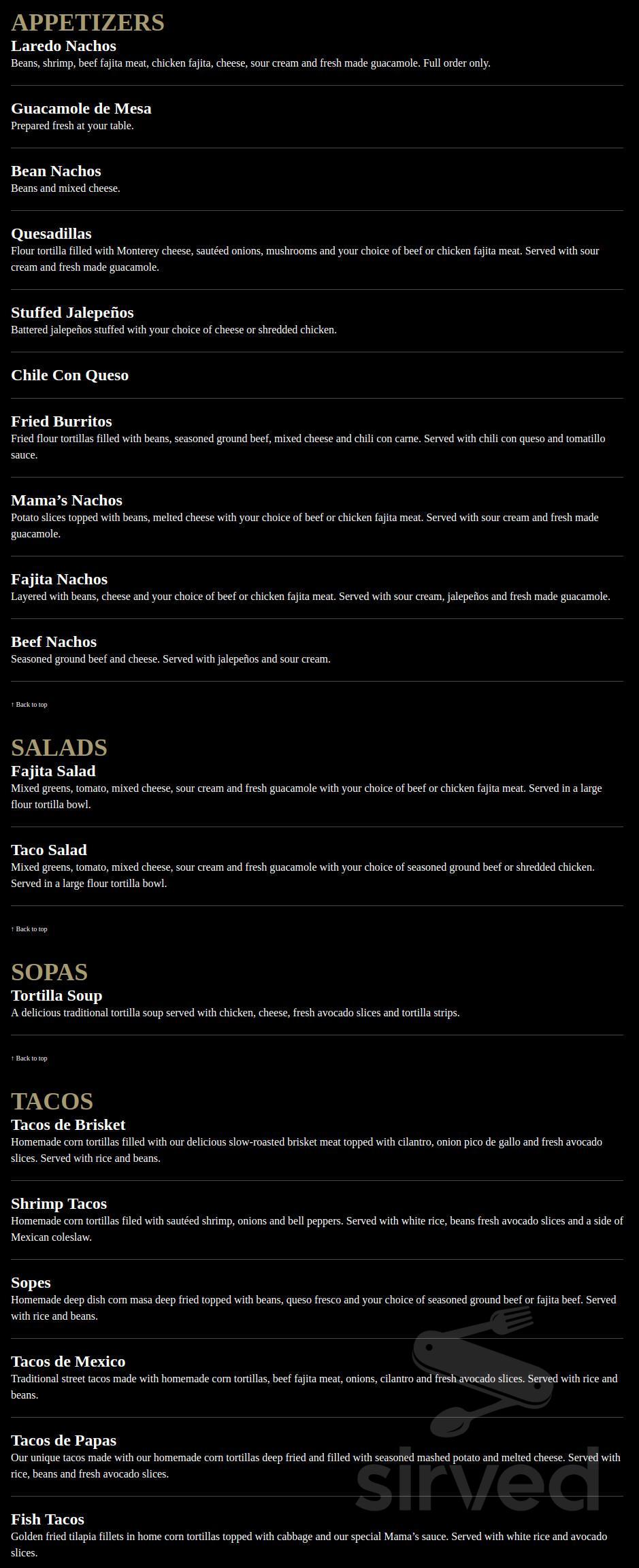 Mama Cuca's Mexican Cuisine menu in Mansfield, Texas, USA