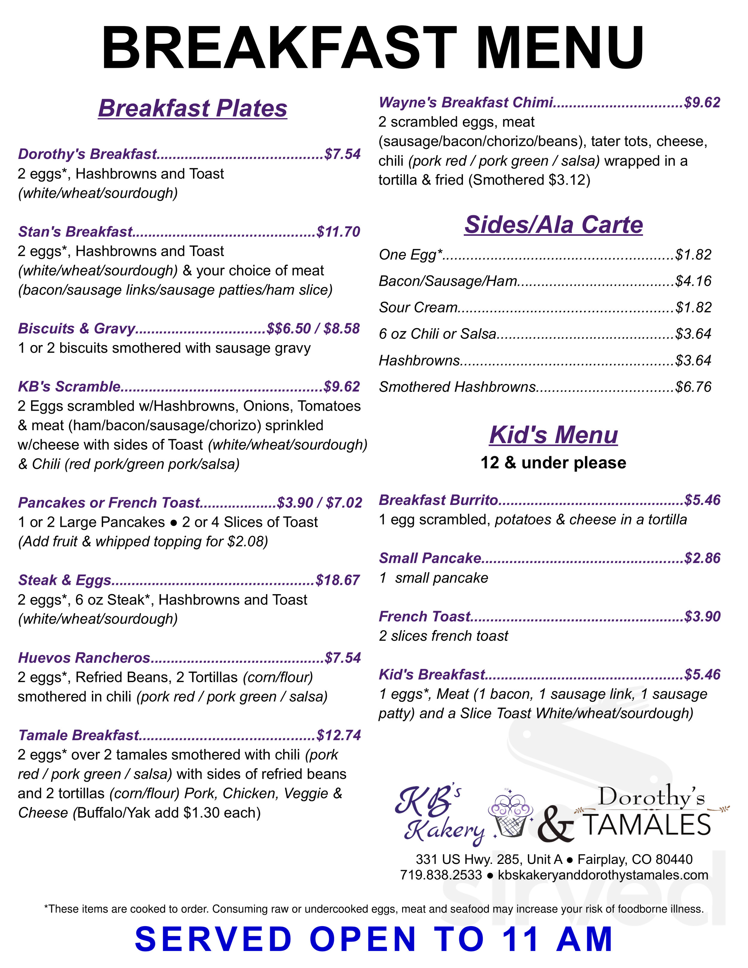 Menu - Fairplay CO's KB's Kakery & Dorothy's Tamales | Sirved