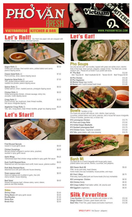 Pho Van Fresh menu in Portland, Oregon, USA