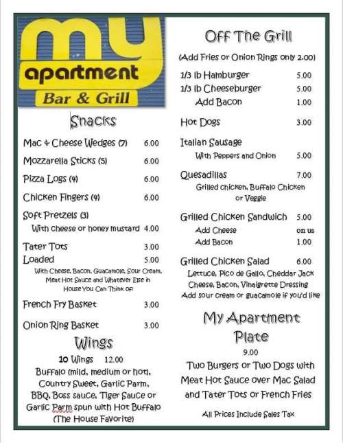 My Apartment Bar menu in Rochester, New York, USA