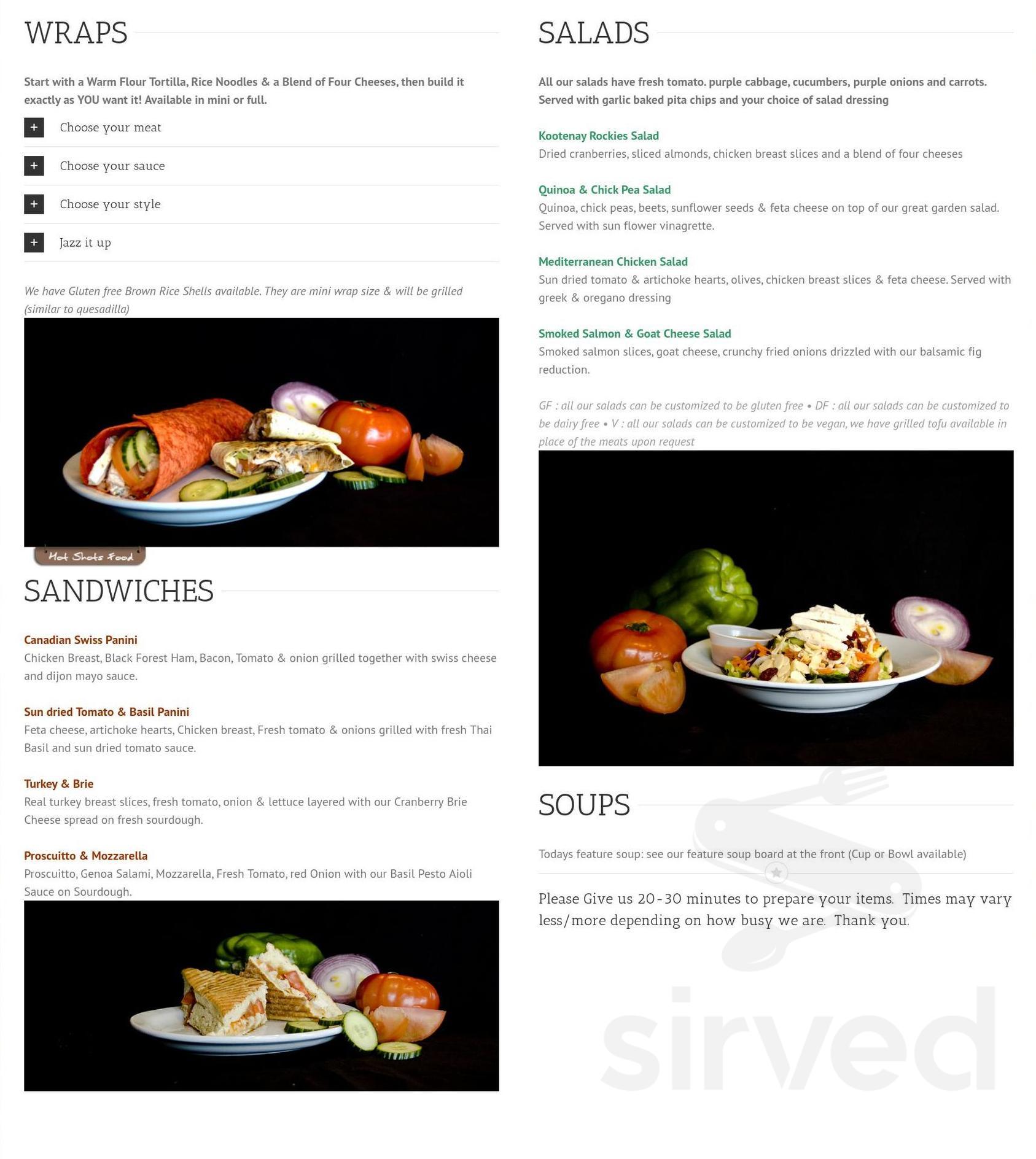 Hot Shots Café menu in Cranbrook, British Columbia, Canada