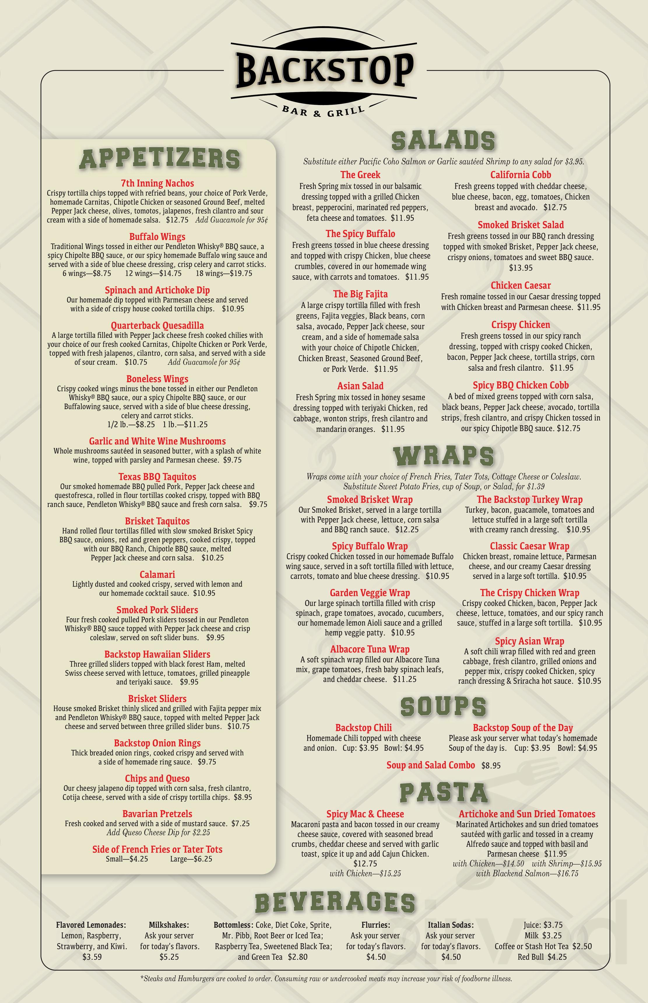 Backstop Bar & Grill menu in Canby, Oregon, USA