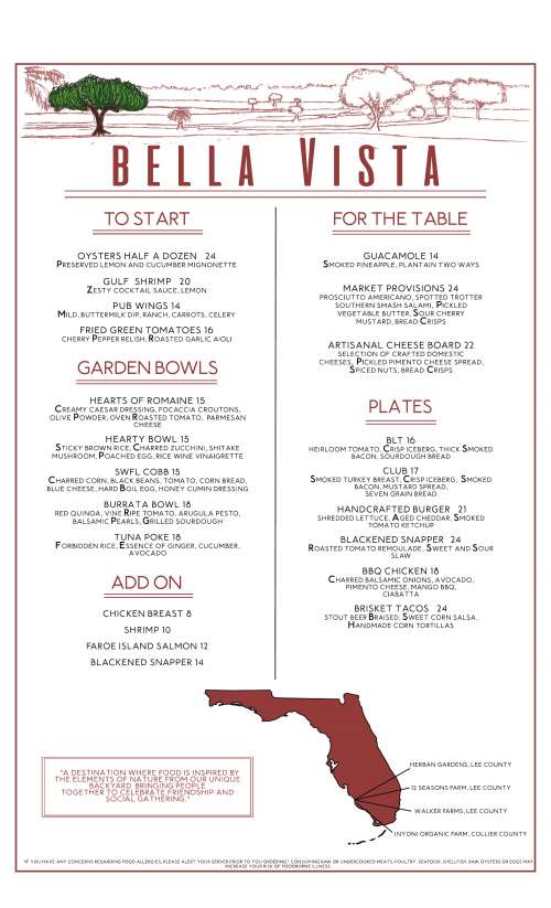Bella Vista Lounge menu in Naples, Florida, USA