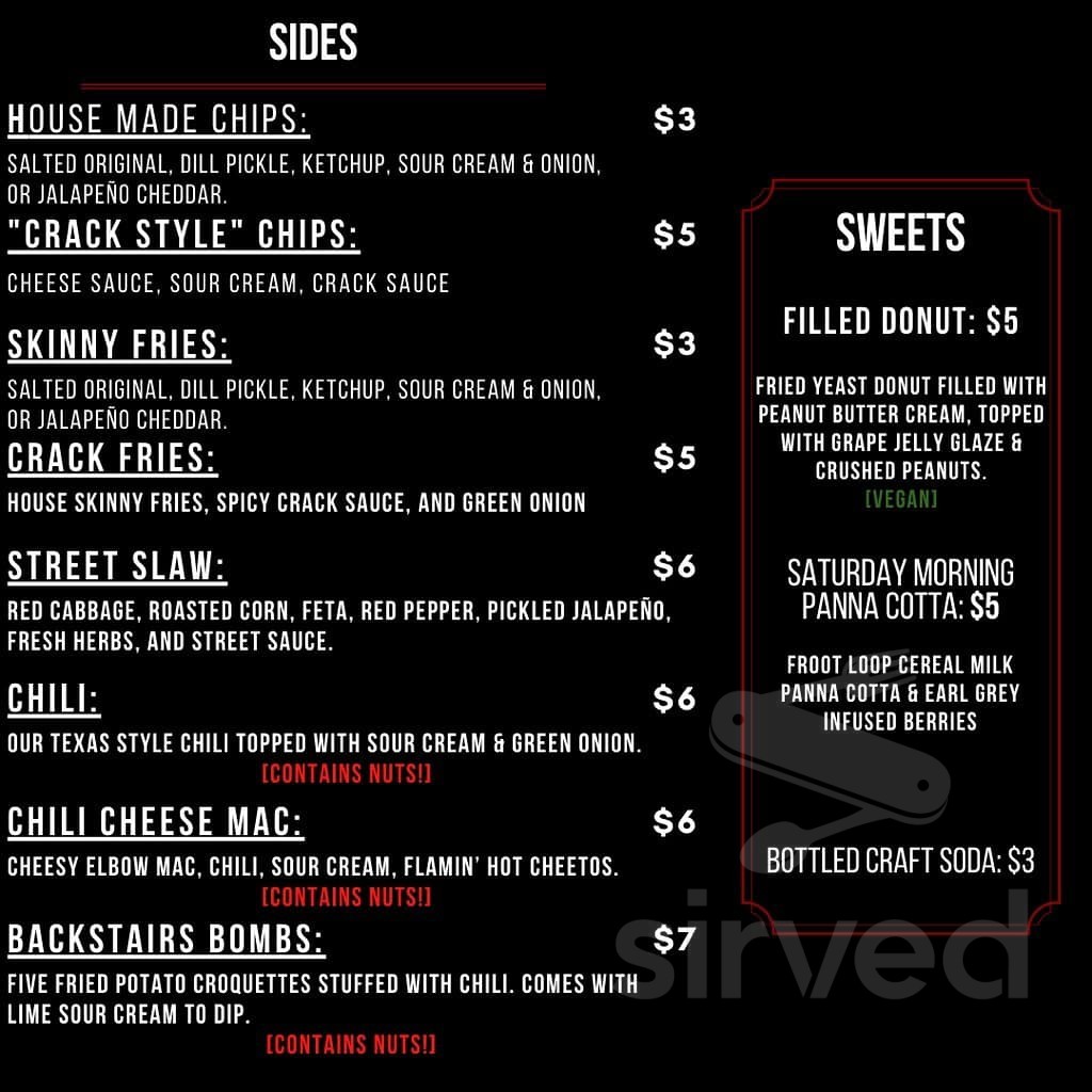 Back stairs Burger menu in Edmonton, Alberta, Canada