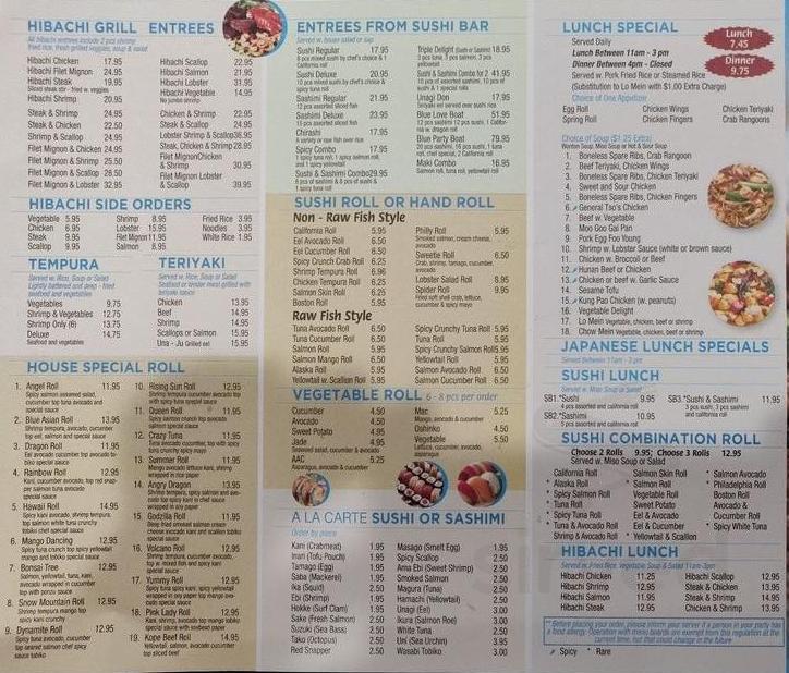 Blue Asian Cuisine menus in Chicopee, Massachusetts, United States
