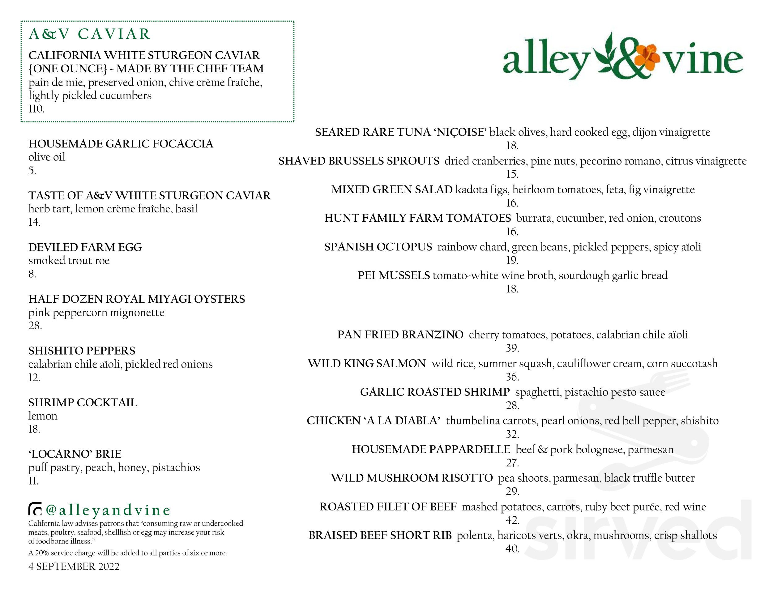 alley & vine menu in Alameda, California, USA