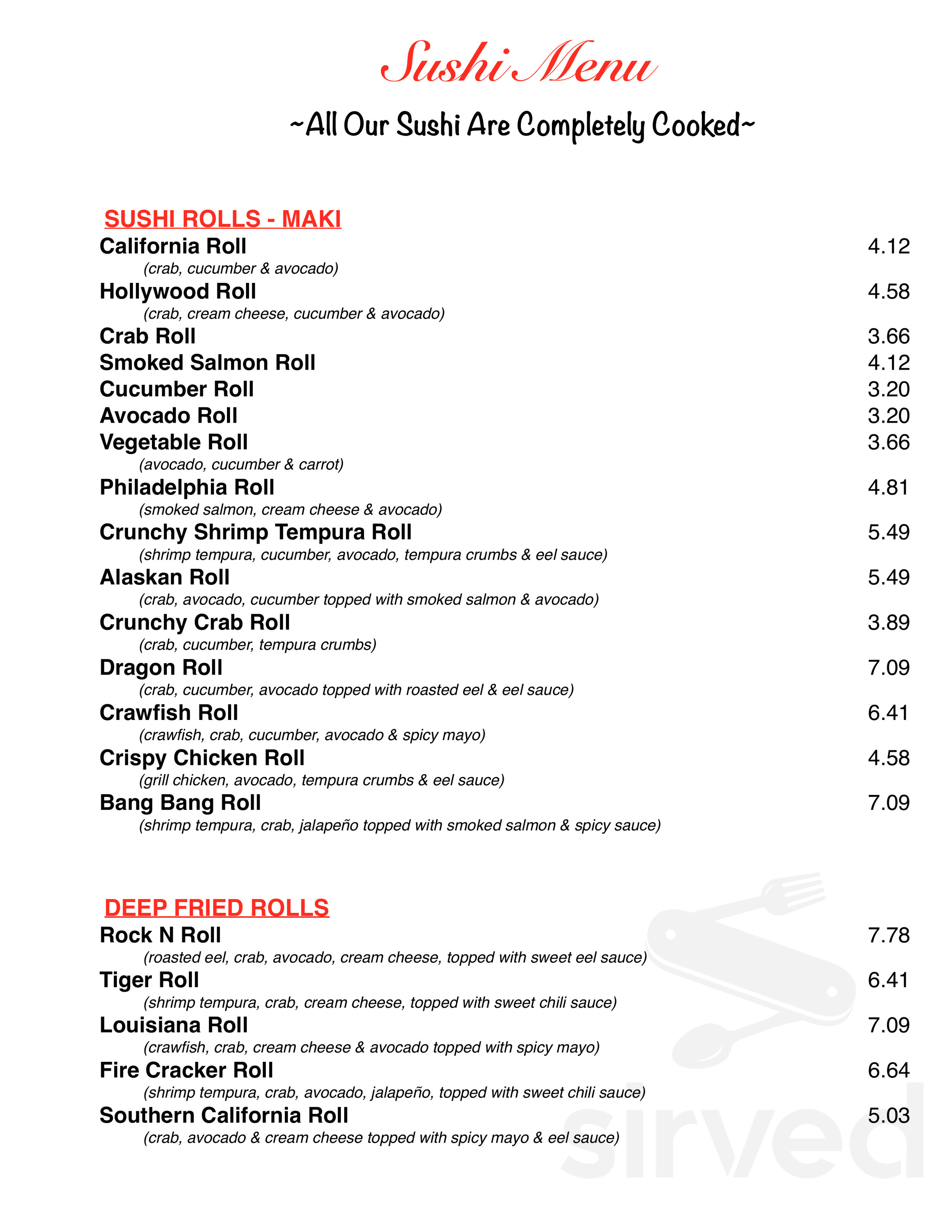 Bang Bang Hibachi Grill & Sushi Nashville menu in Nashville, Tennessee, USA