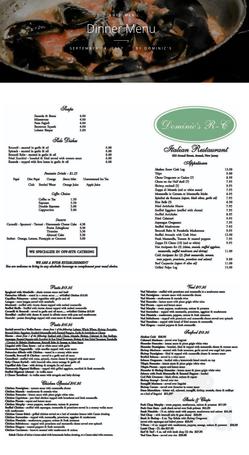 Menu for Dominic's in Avenel, NJ | Sirved