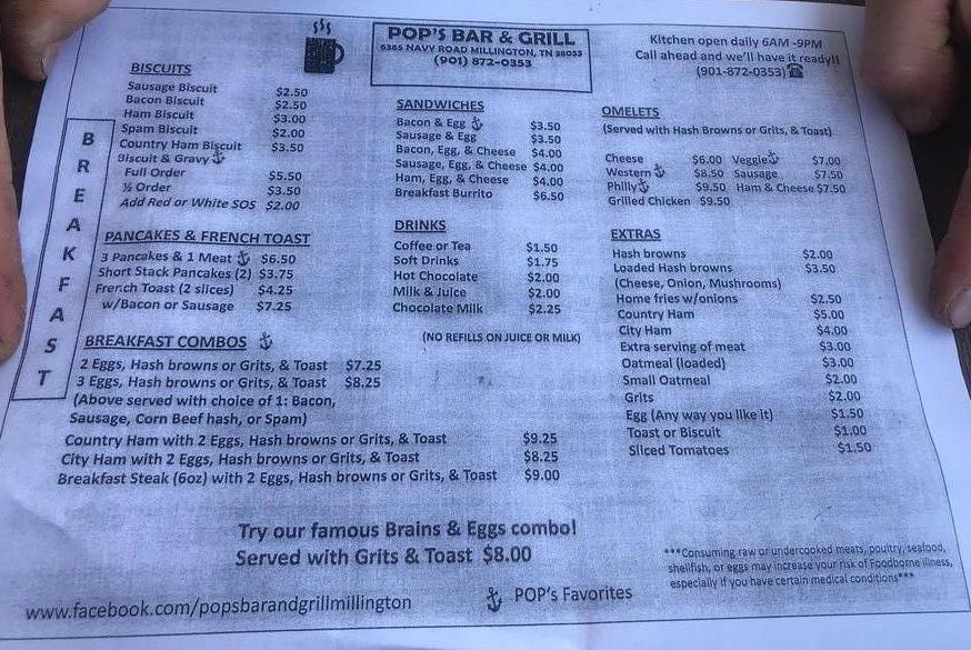 Pops Bar & Grill Millington menu in Millington, Tennessee, USA
