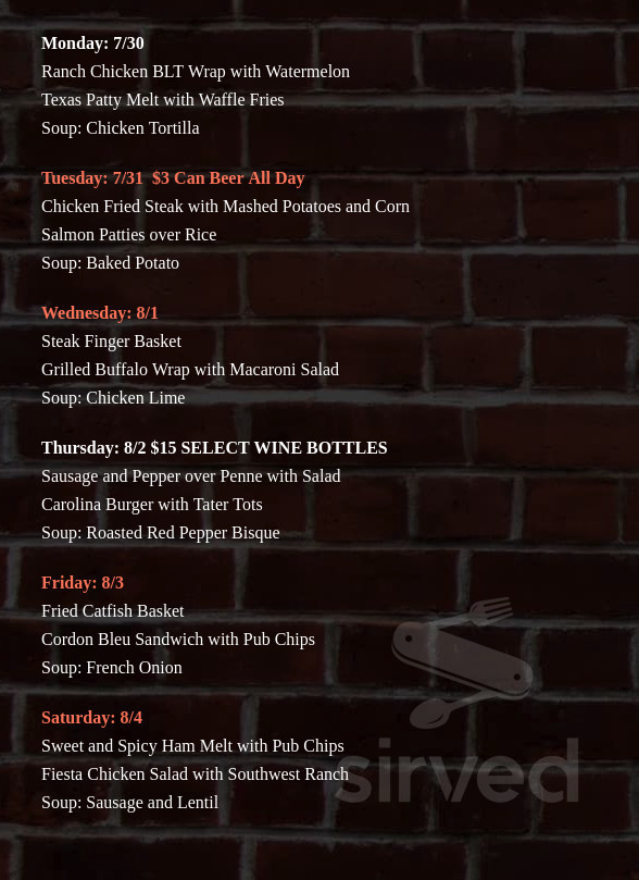 College Street Pub menu in Waxahachie, Texas, USA