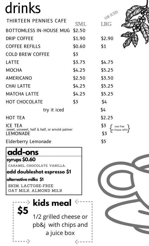 Thirteen Pennies Cafe menu in Black Mountain, North Carolina, USA