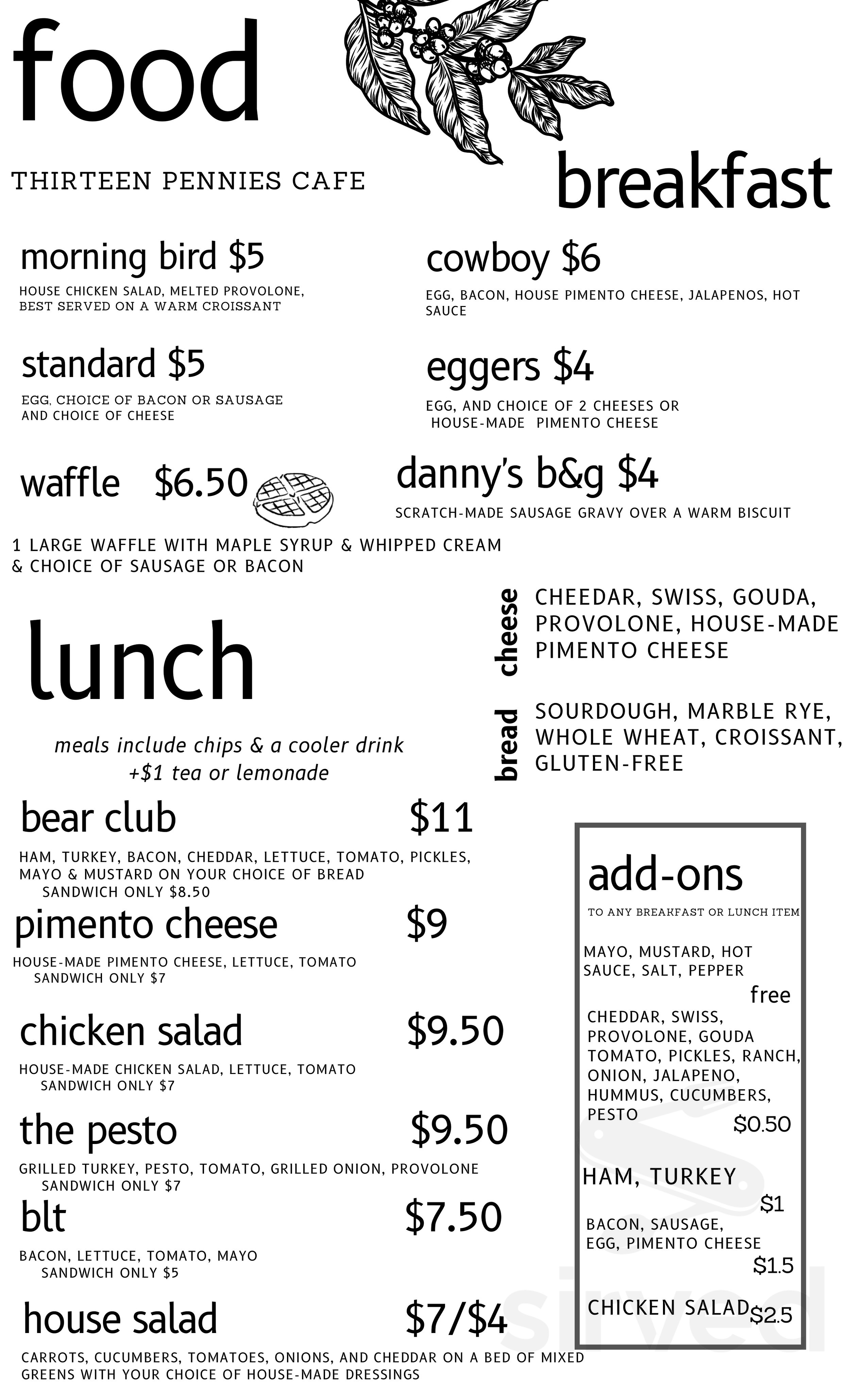Thirteen Pennies Cafe menu in Black Mountain, North Carolina, USA