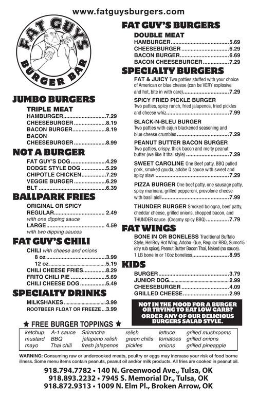 Fat Guys Burger Bar menu in Tulsa, Oklahoma, USA