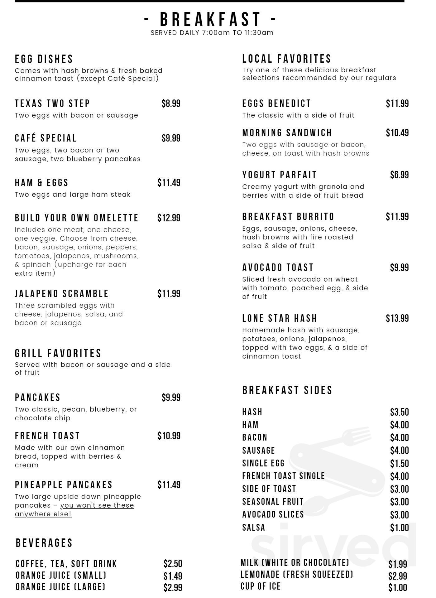 The Square Cafe menu in Granbury, Texas, USA