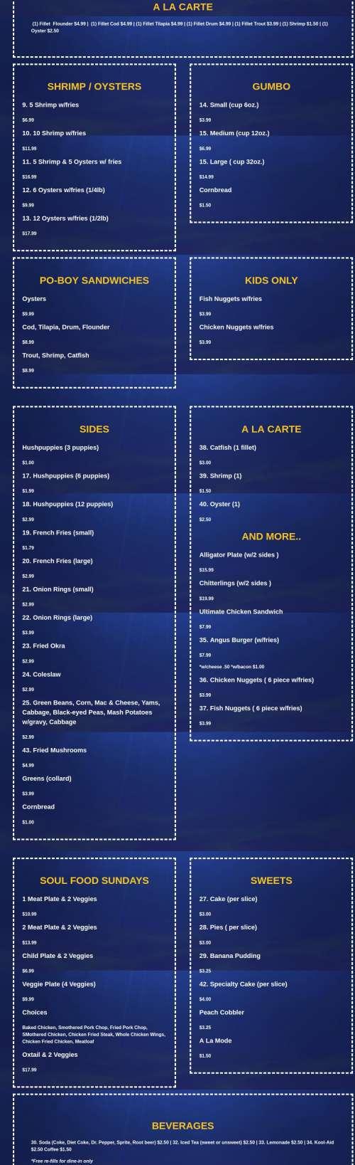 Bayseas Catfish House menu in San Antonio, Texas, USA