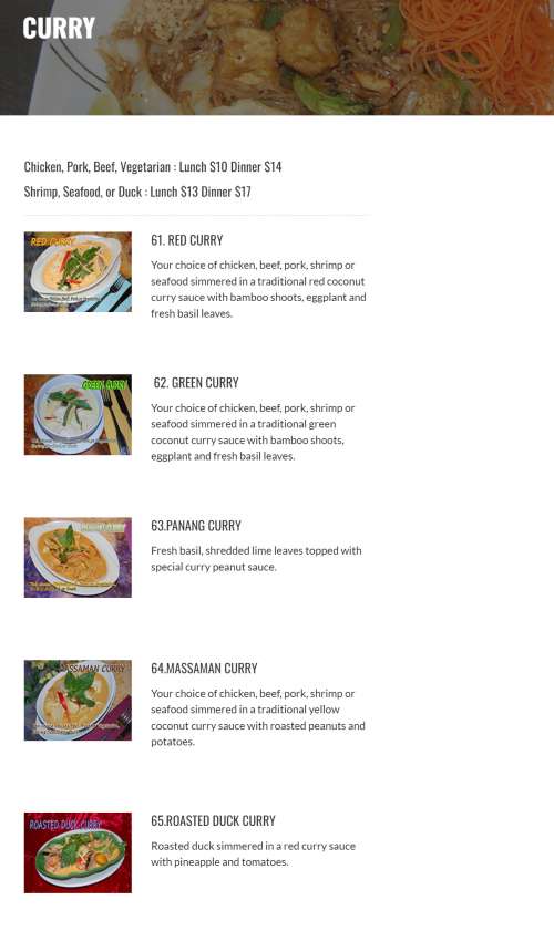 Thai Winchester Restaurant menu in Winchester, Virginia, USA