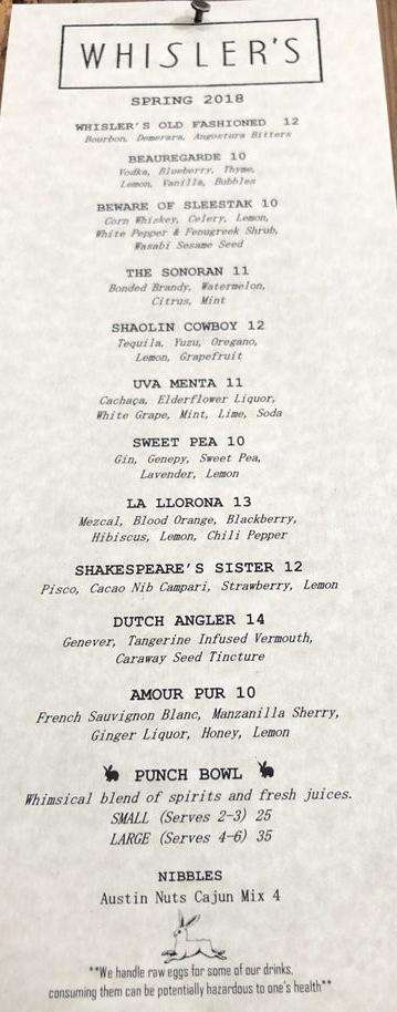 Whisler's menu in Austin, Texas, USA