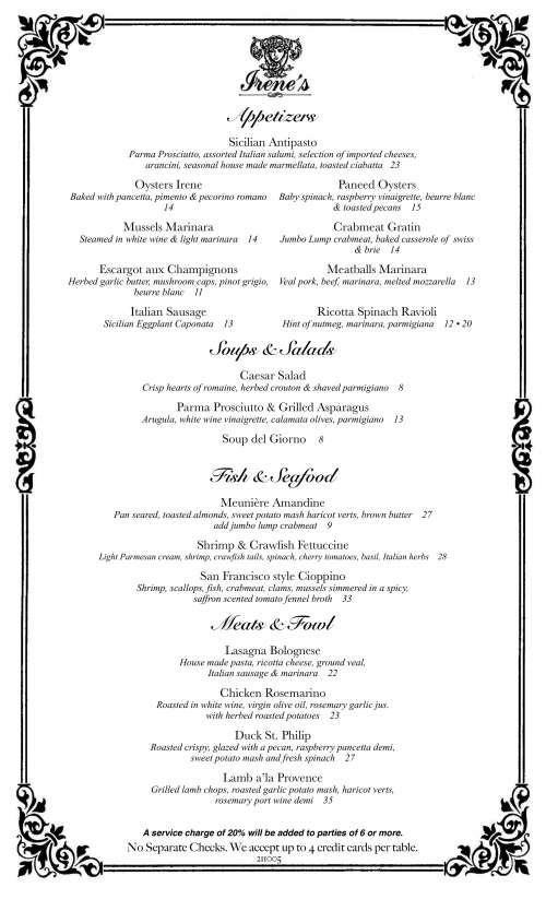 Irene's menu in New Orleans, Louisiana, USA