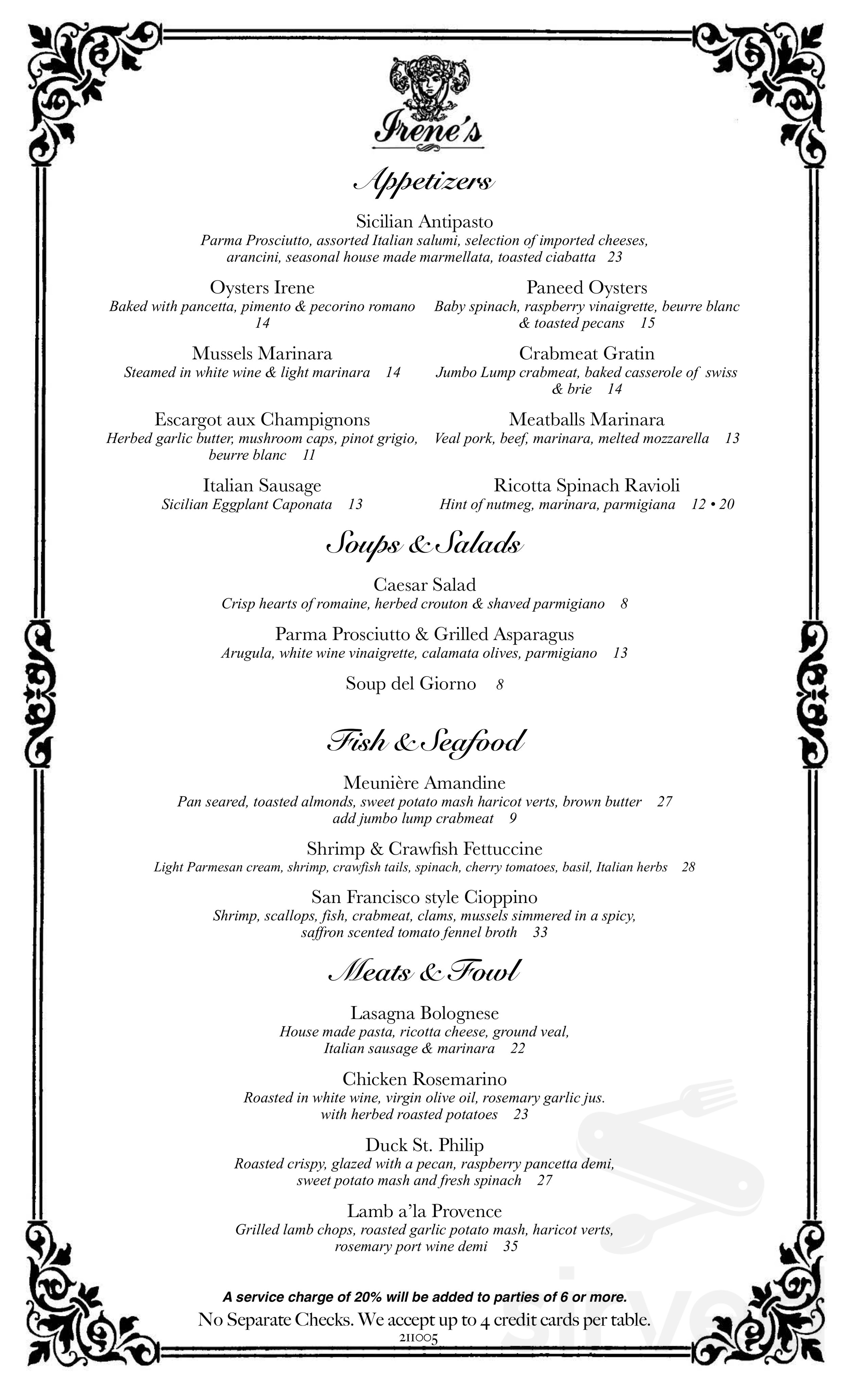Irene's menu in New Orleans, Louisiana, USA