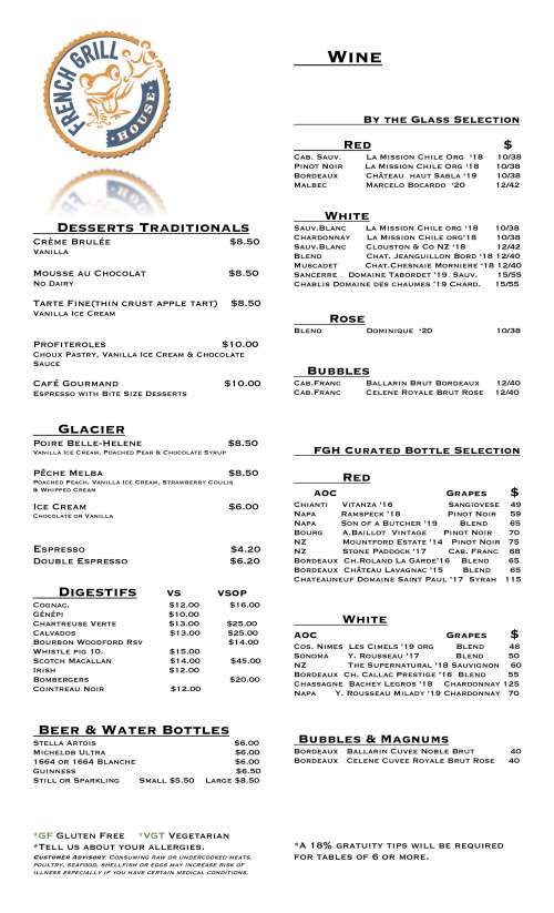 French Grill House menu in West Palm Beach, Florida, USA