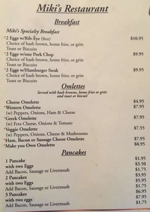 Miki's Restaurant menu in Matthews, North Carolina, USA