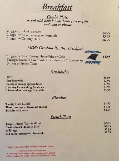 Miki's Restaurant menu in Matthews, North Carolina, USA