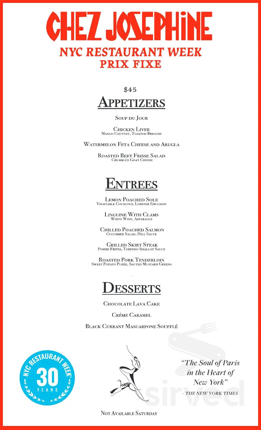 Chez Josephine menu in New York, New York, USA
