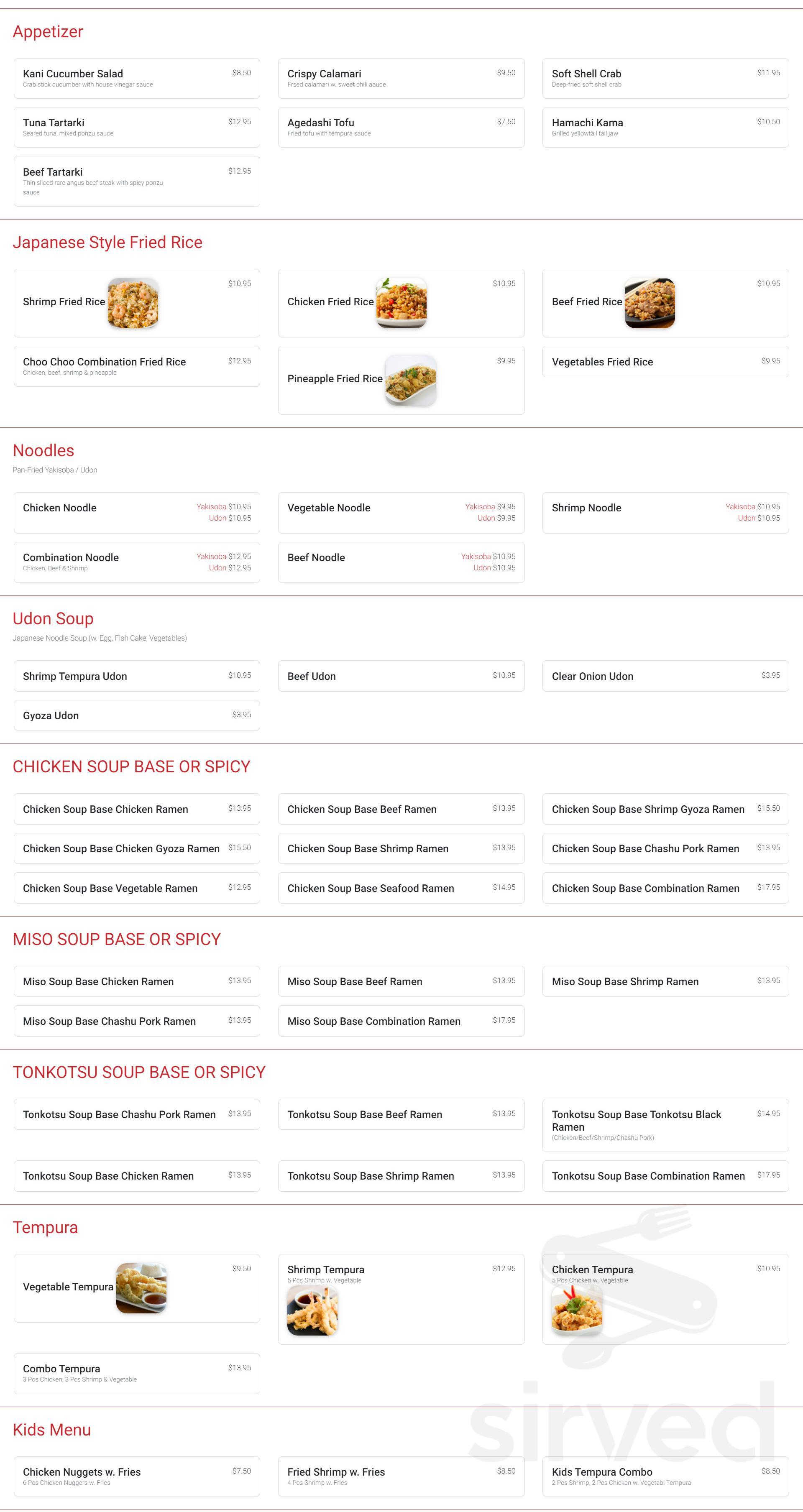 Sushi choo choo menu in Houston, Texas, USA