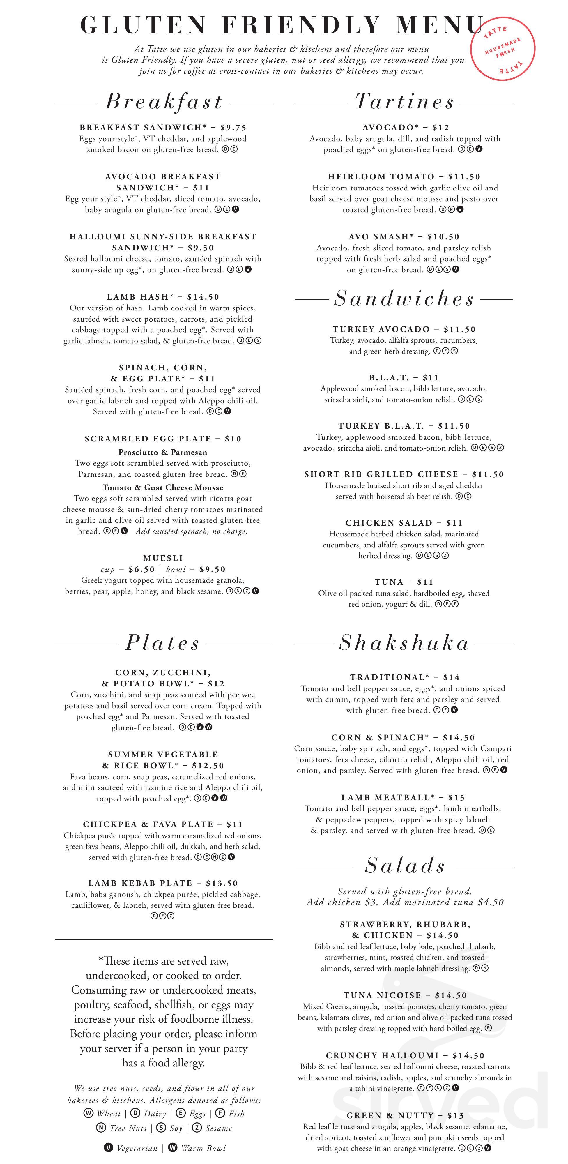 Menu - Brookline MA's Tatte Bakery & Cafe | Sirved
