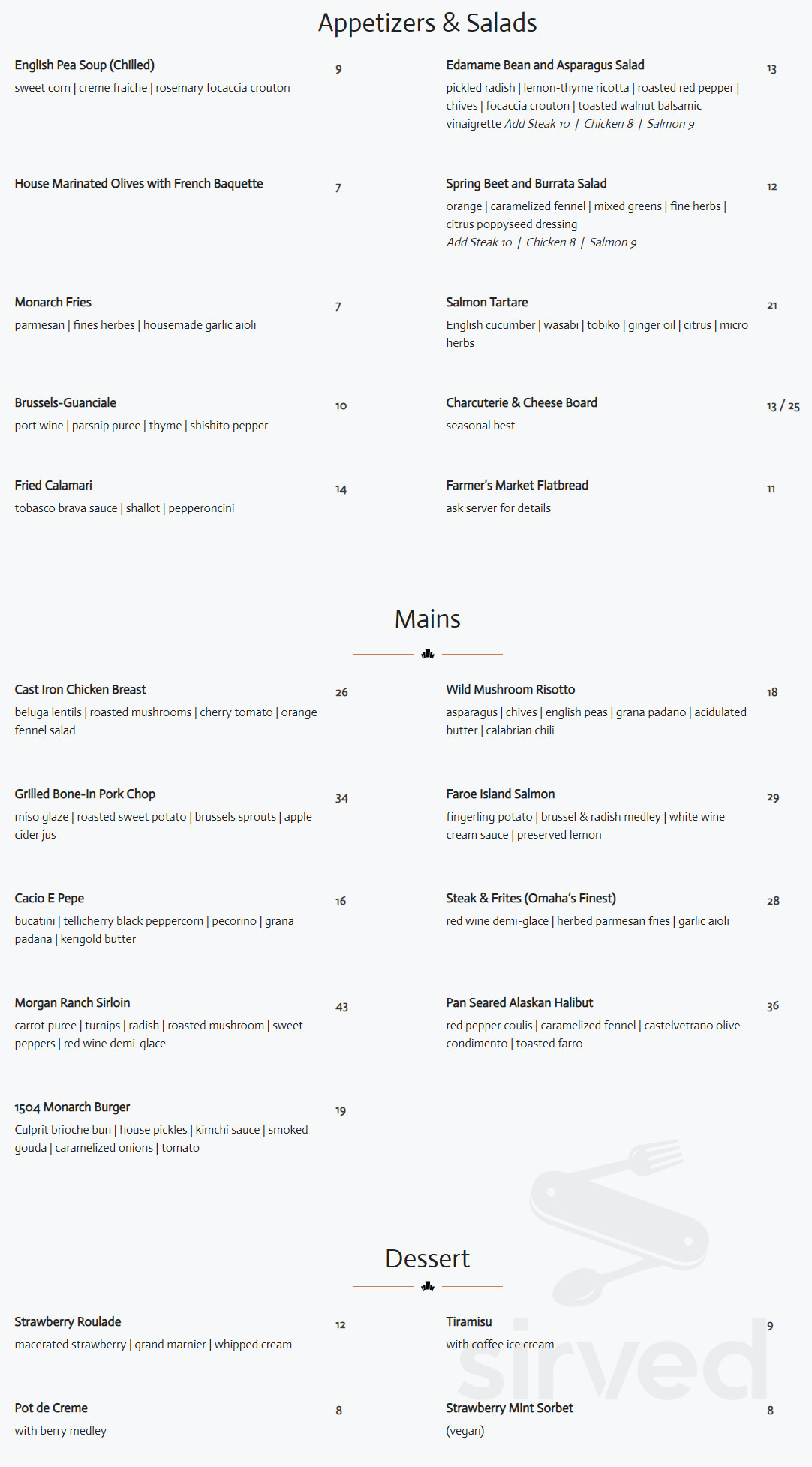 Monarch Restaurant menu in Omaha, Nebraska, USA