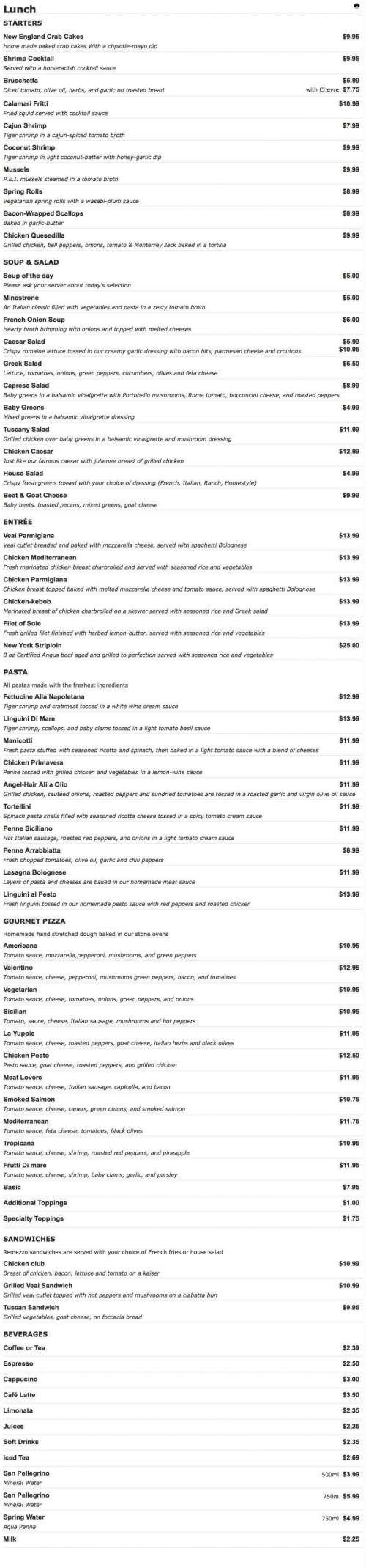 Remezzo Italian Bistro menu in Scarborough, Ontario, Canada