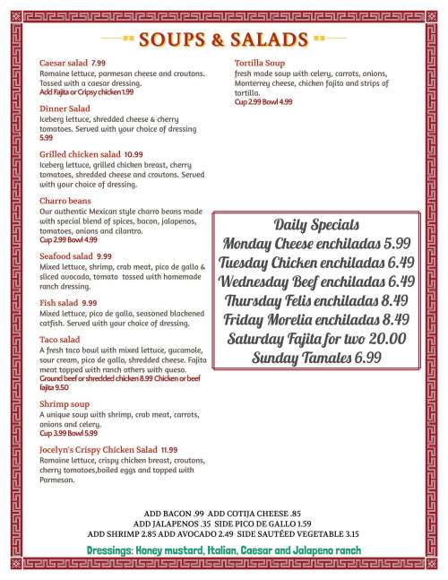 Jocelyn's Mexican Grill menu in Longview, Texas, USA