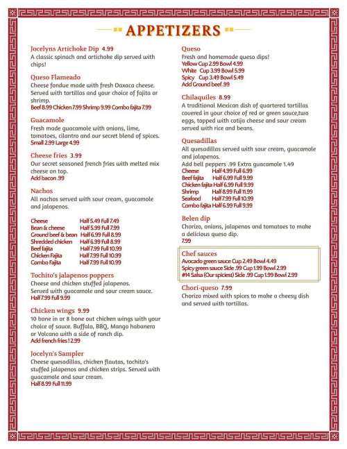 Jocelyn's Mexican Grill menu in Longview, Texas, USA