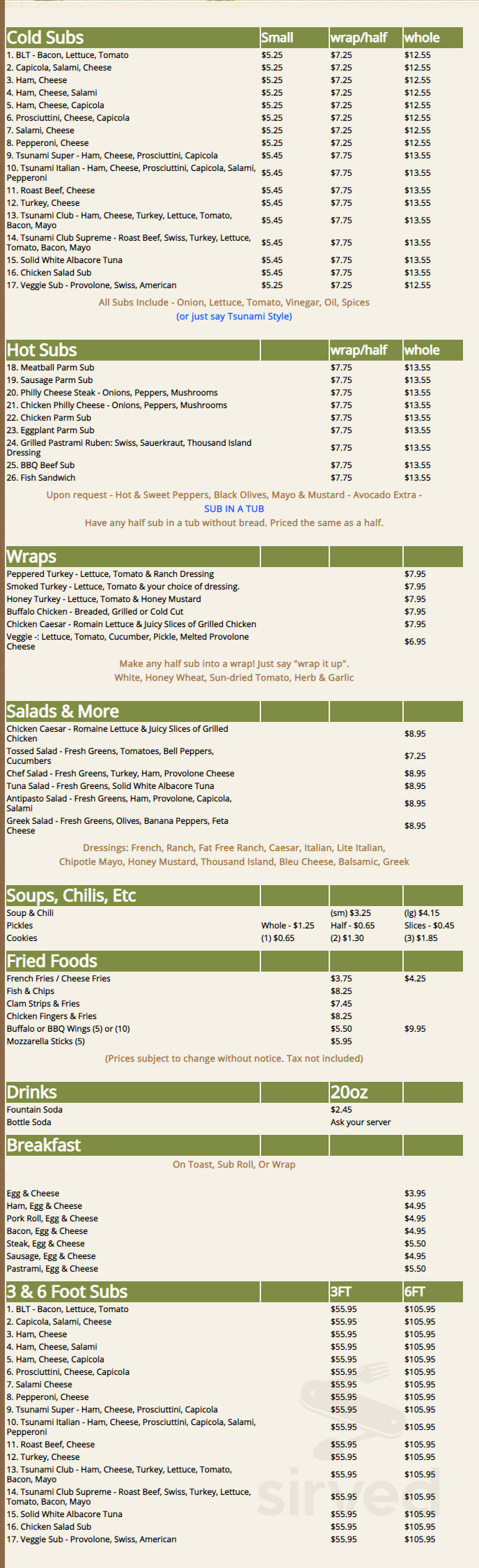 Menu - Boynton Beach FL's Tsunami Subs and Wraps | Sirved