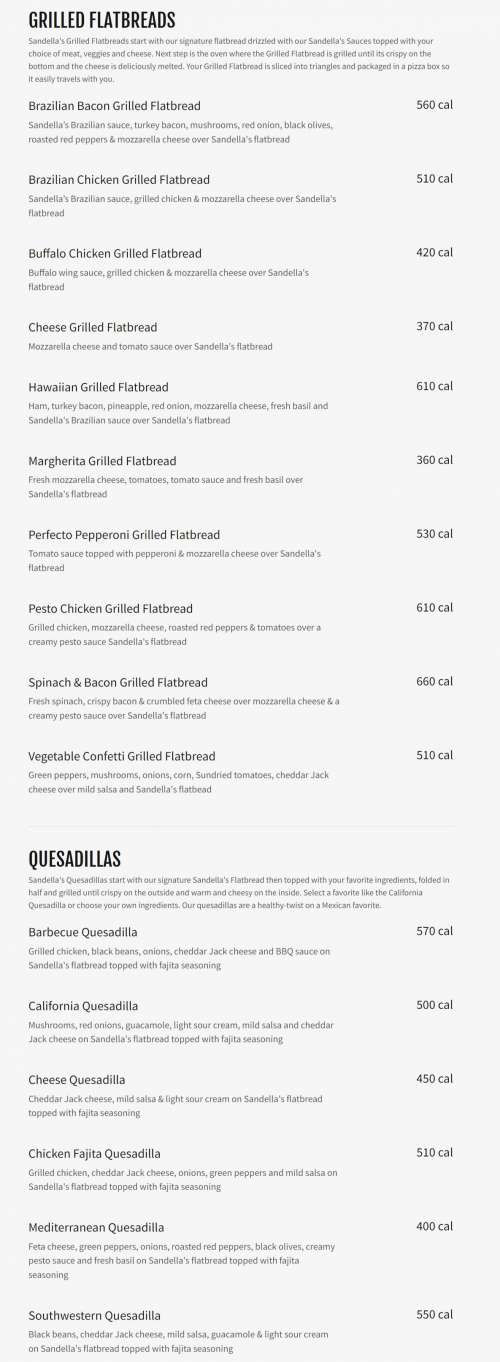 Sandella's Flatbread Cafe menu in Framingham, Massachusetts, USA