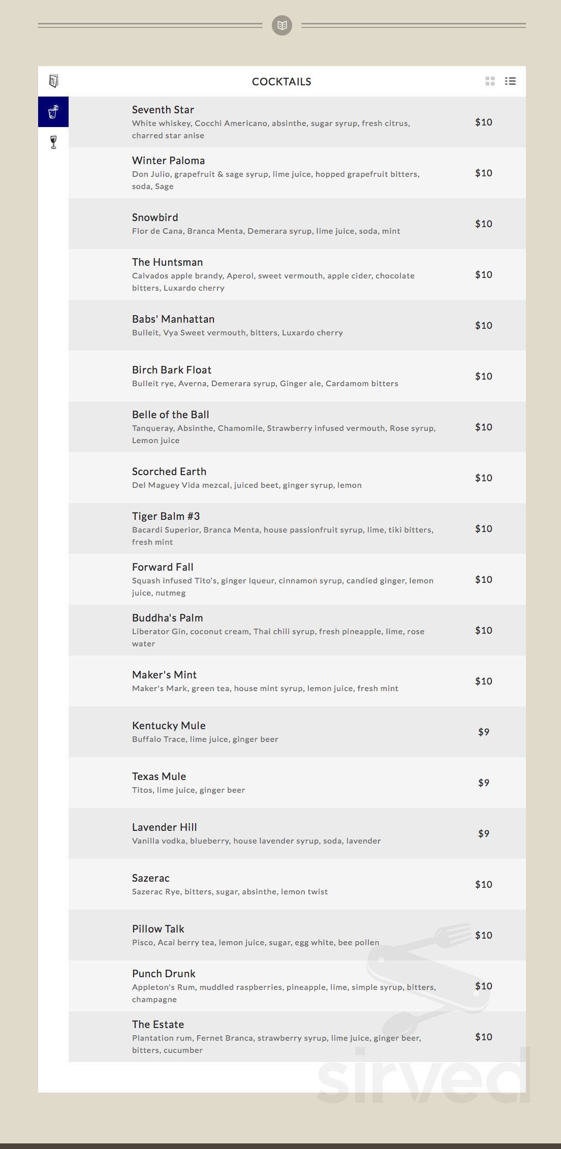 Babs' Underground menu in Ann Arbor, Michigan, USA