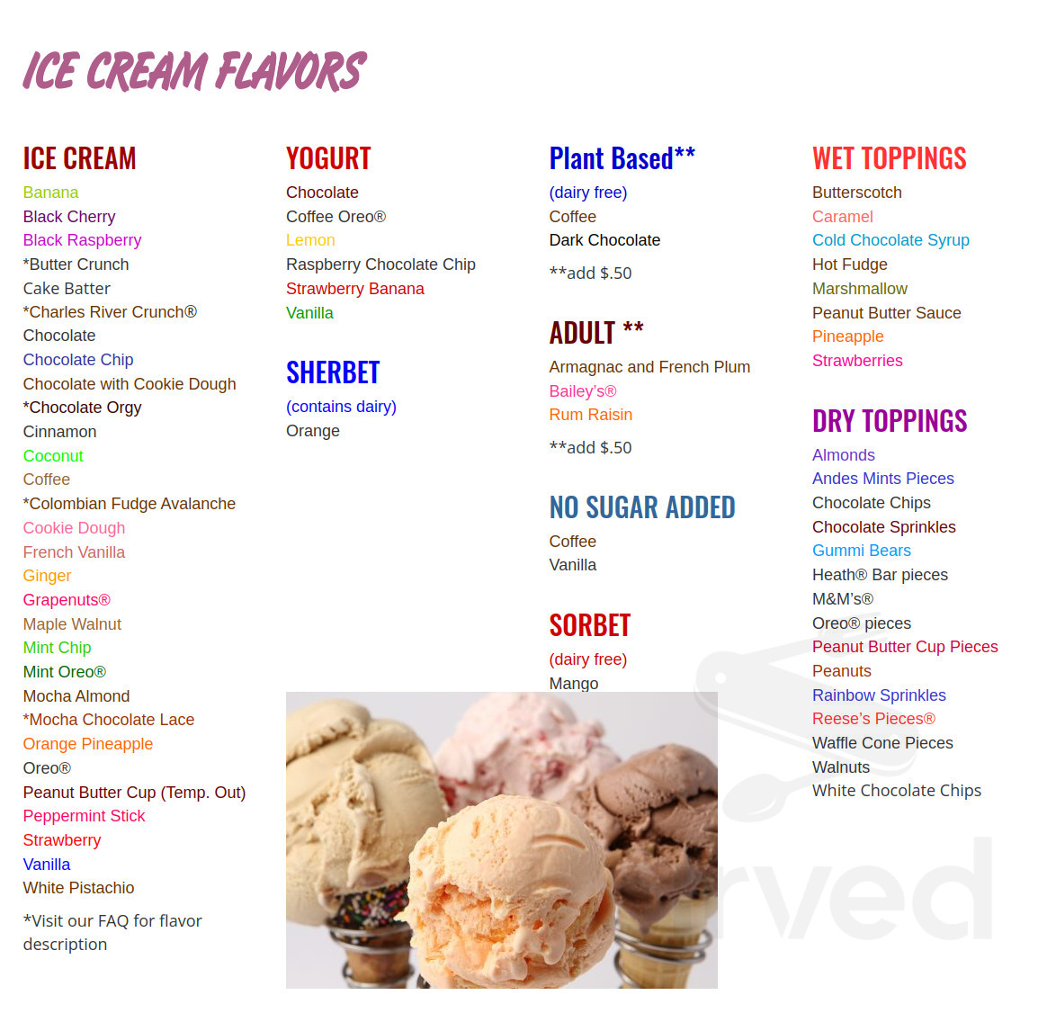 Lizzy's Homemade Ice Cream menu in Waltham, Massachusetts, USA