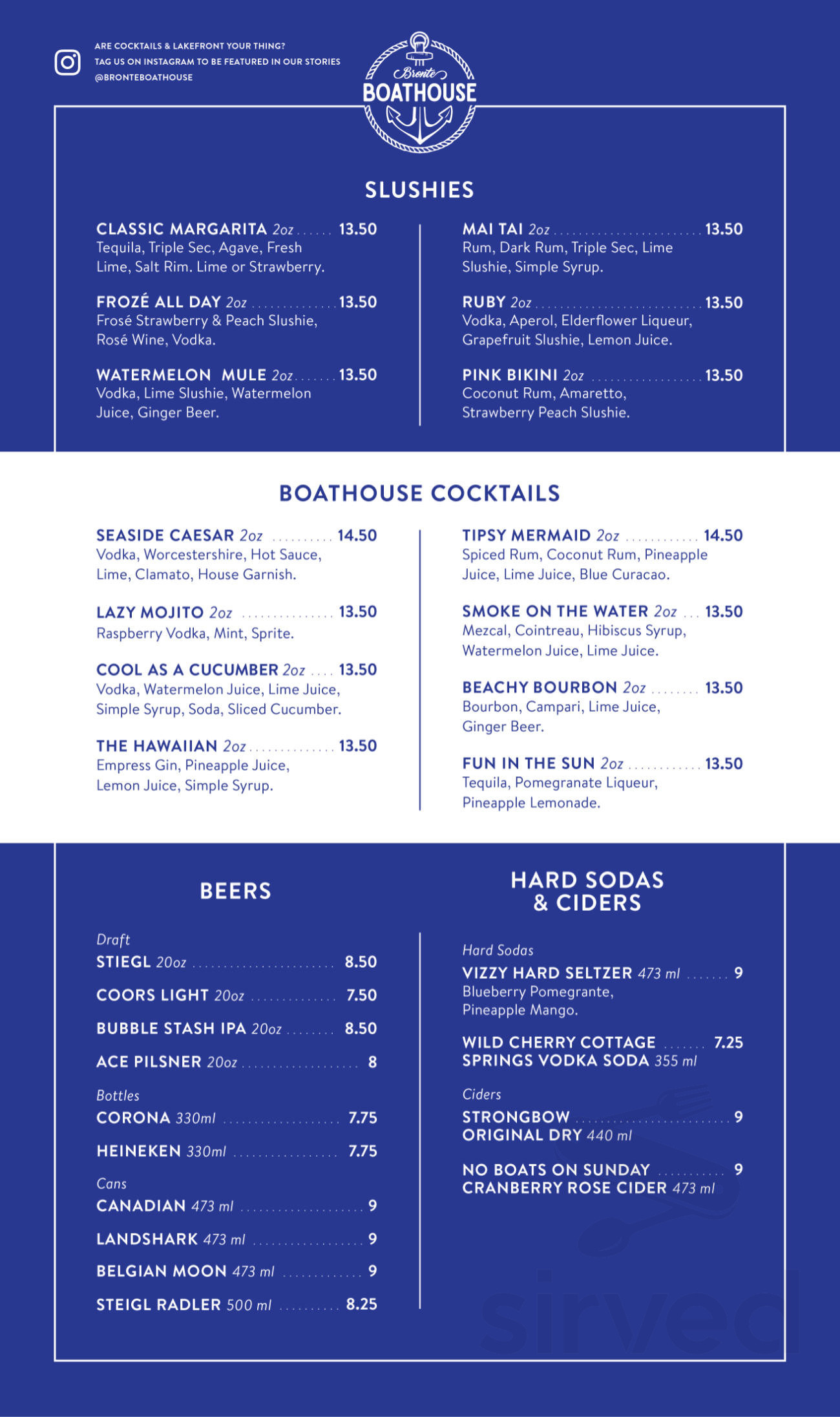 The Bronte Boathouse menus in Oakville, Ontario, Canada