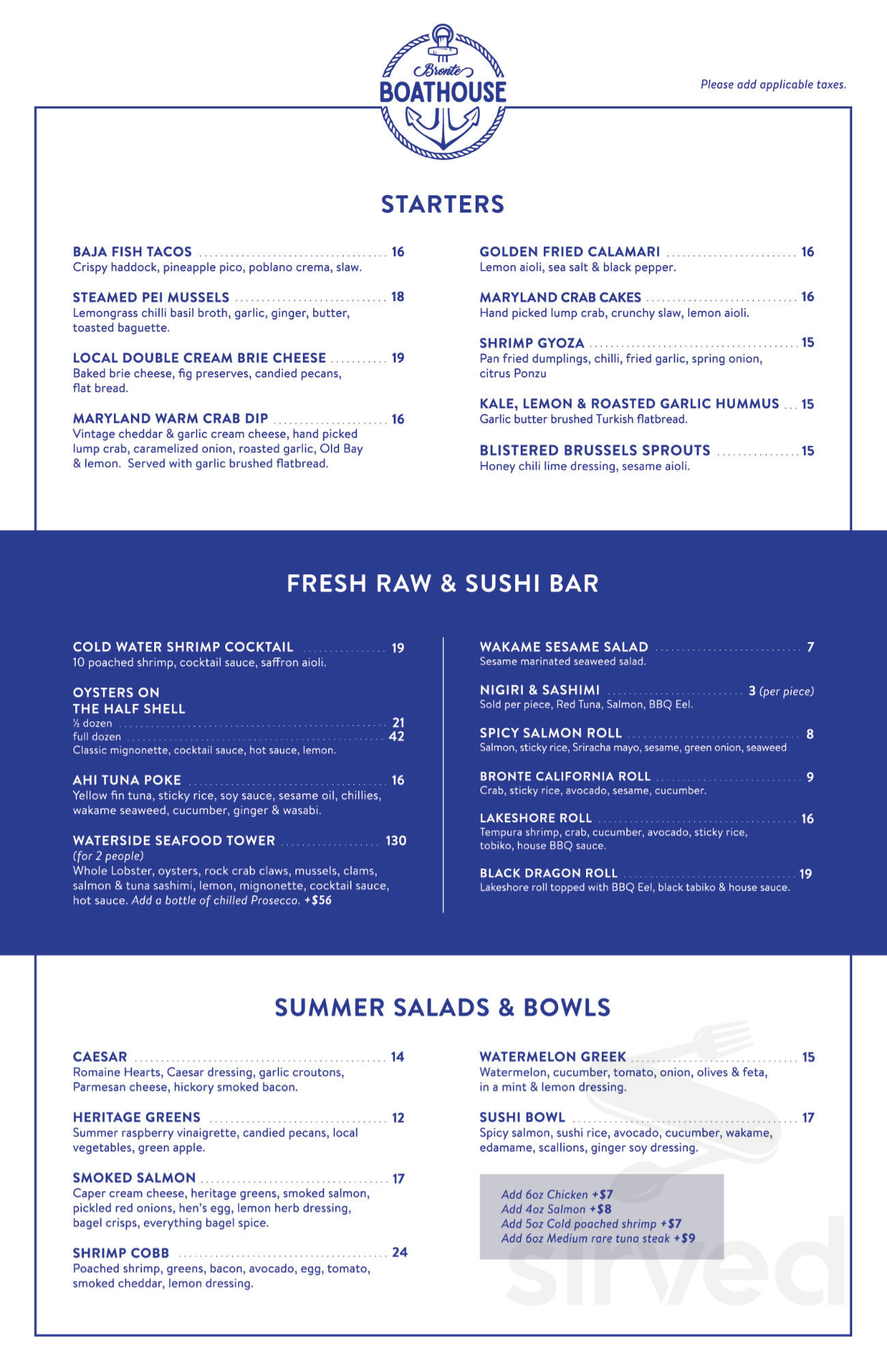 The Bronte Boathouse menus in Oakville, Ontario, Canada