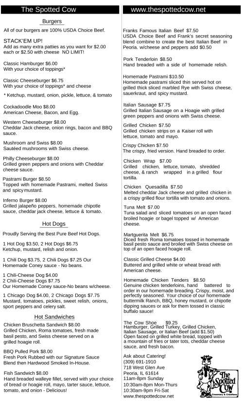The Spotted Cow menu in Peoria, Illinois, USA