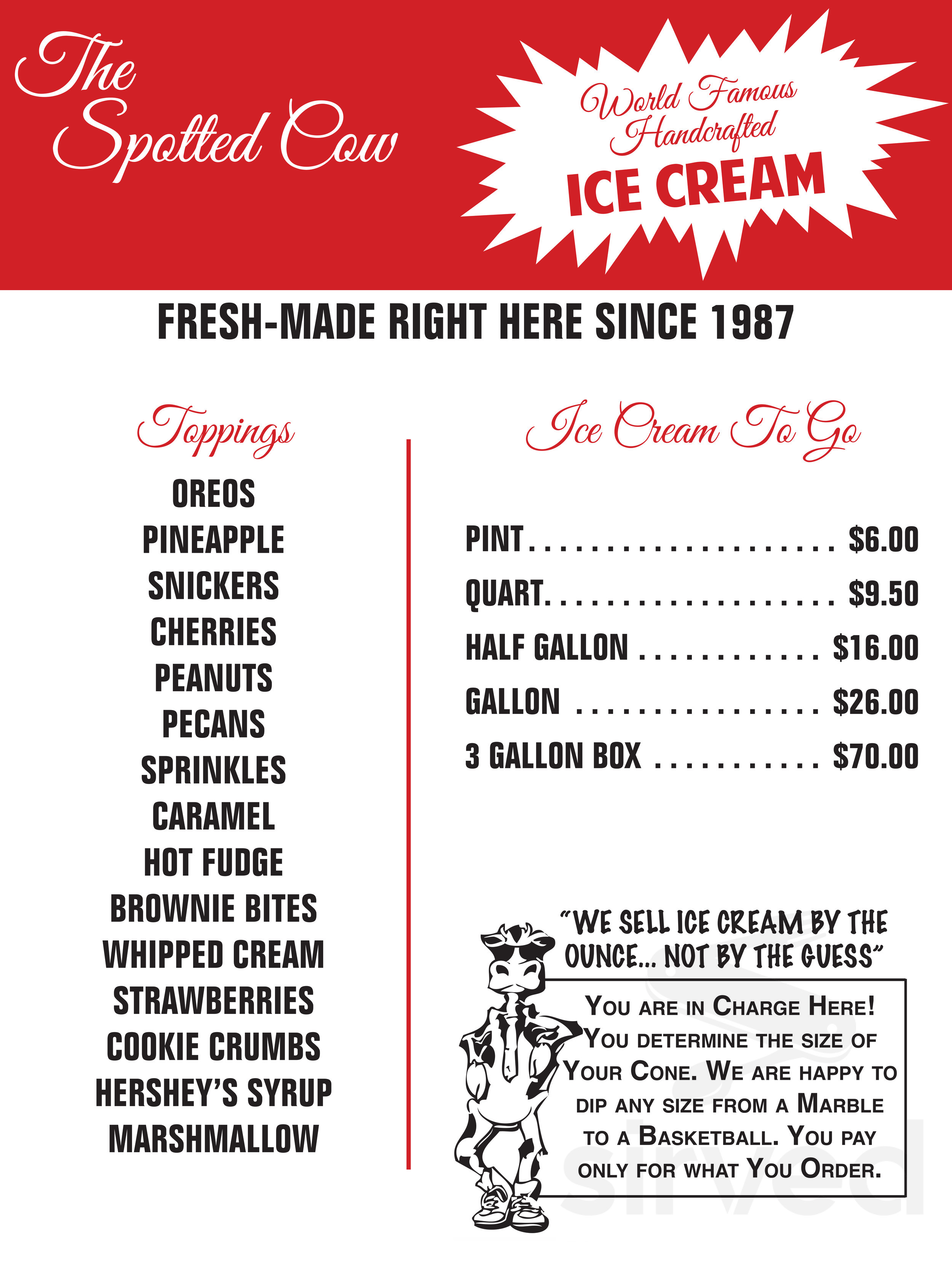 The Spotted Cow menu in Peoria, Illinois, USA