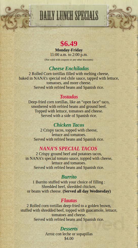 Nana's Kitchen menu in Tucson, Arizona, USA