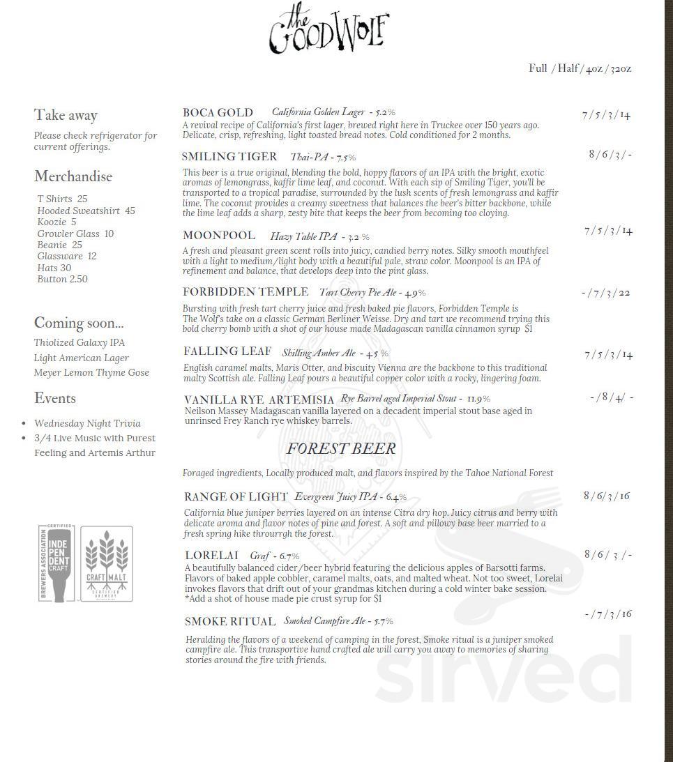 The Good Wolf Brewing Company menu in Truckee, California, USA