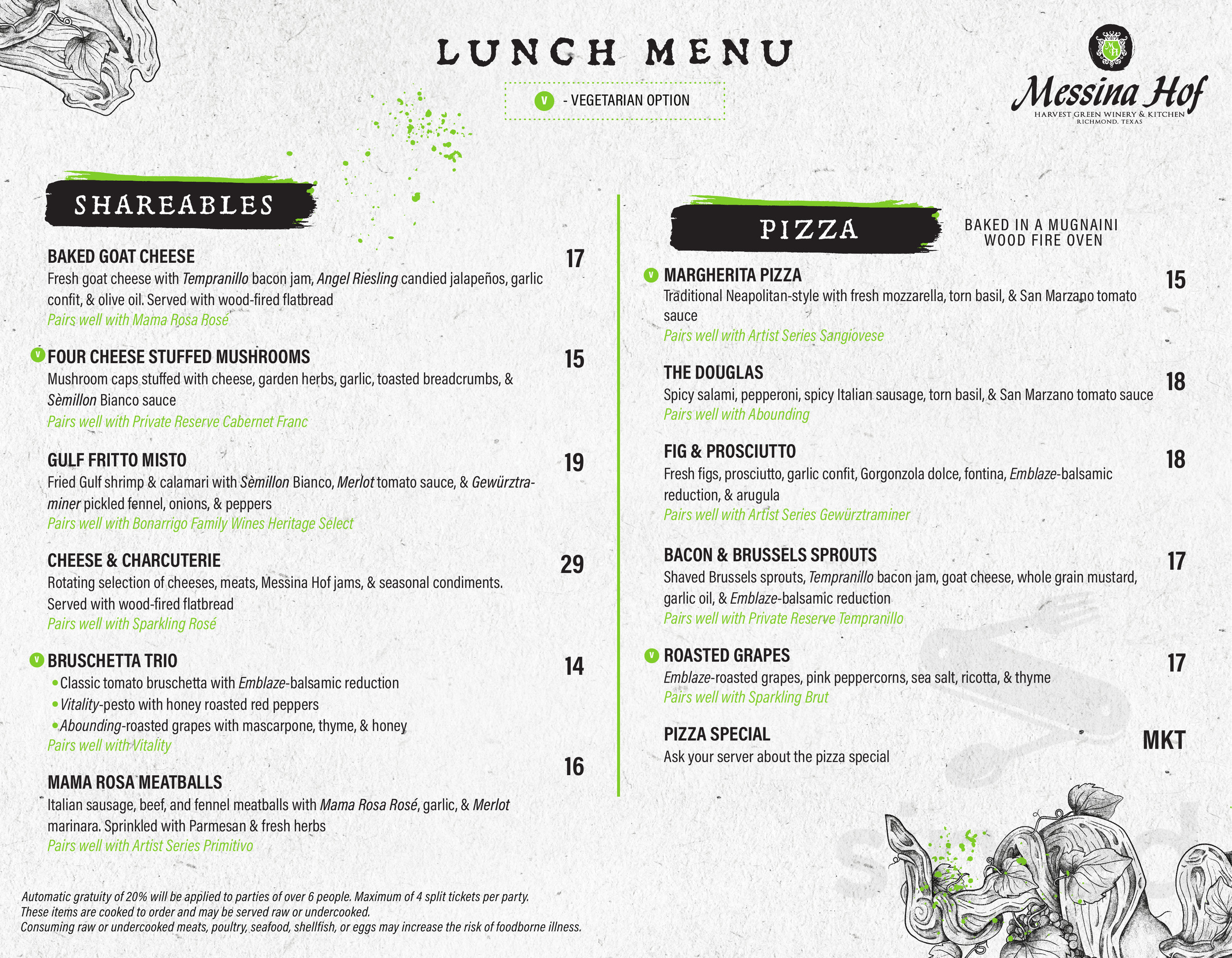 Messina Hof Harvest Green Winery & Kitchen menu in Richmond, Texas, USA