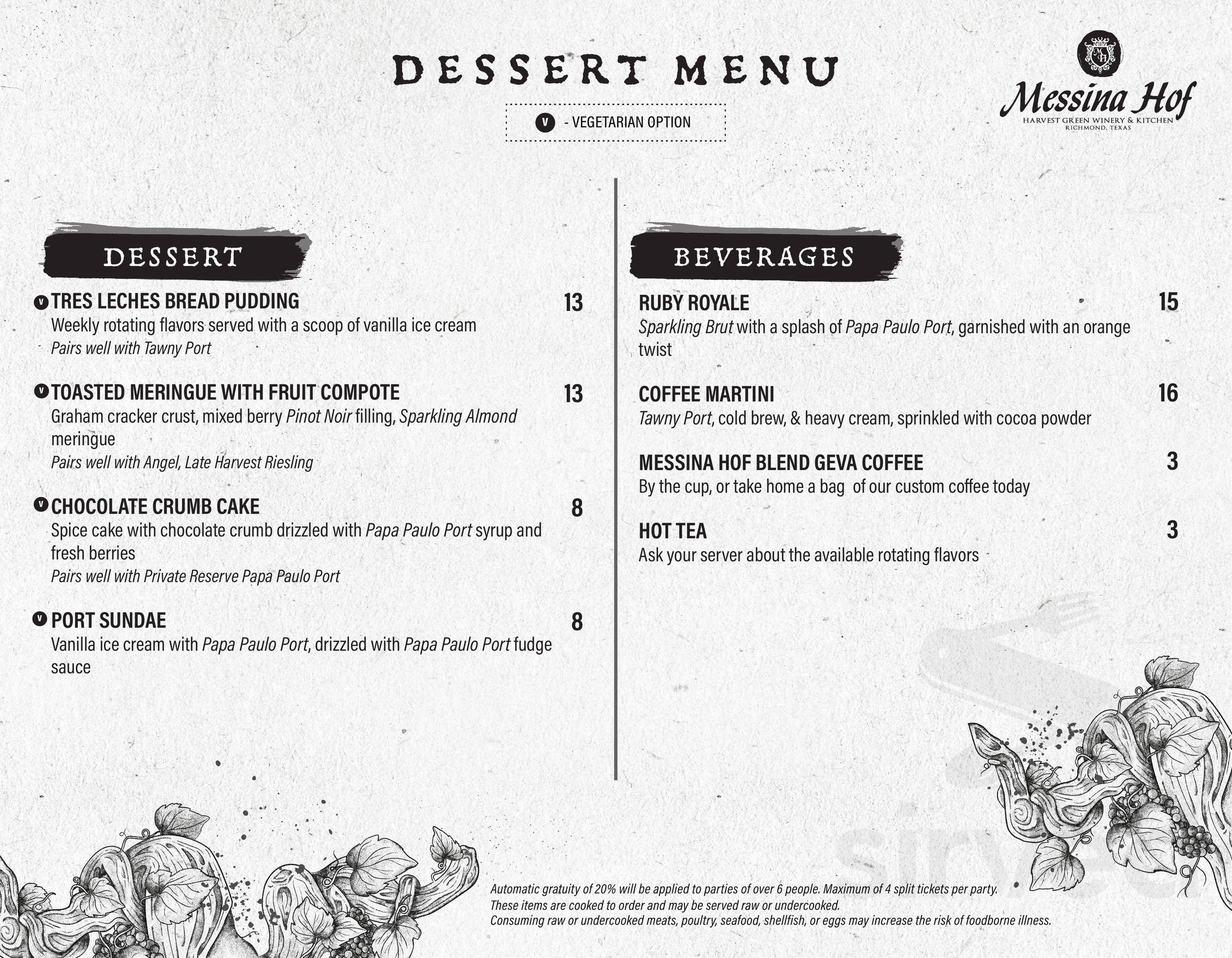 Messina Hof Harvest Green Winery & Kitchen menu in Richmond, Texas, USA