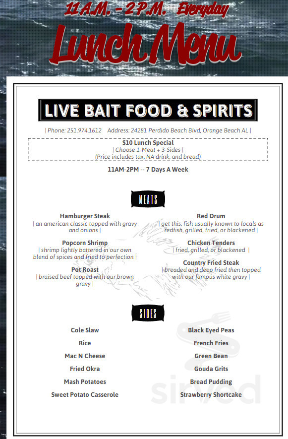 The Club at Live Bait menu in Orange Beach, Alabama, USA