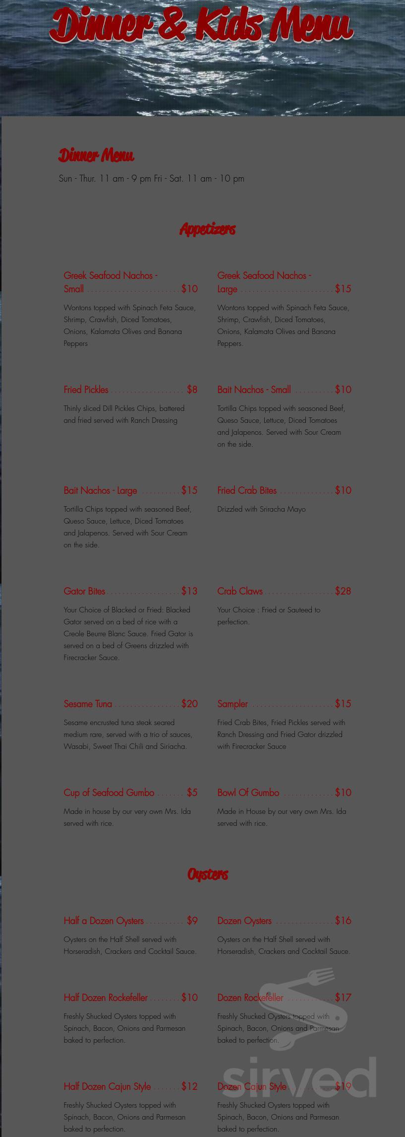 The Club at Live Bait menu in Orange Beach, Alabama, USA