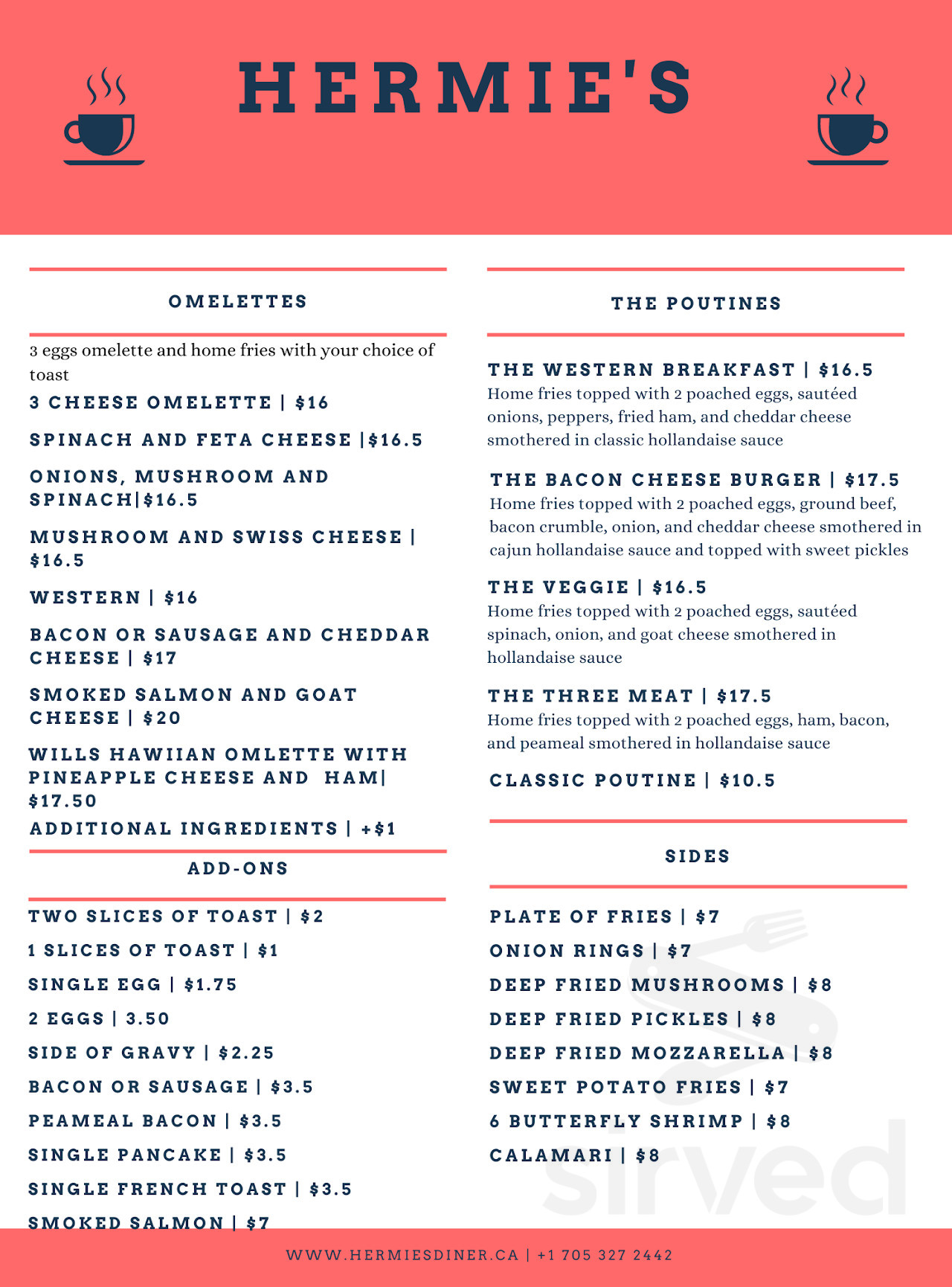 Hermie’s Diner menus in Orillia, Ontario, Canada